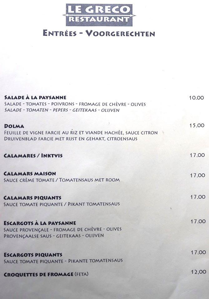 Menu au Restaurant Le Greco, Hannut