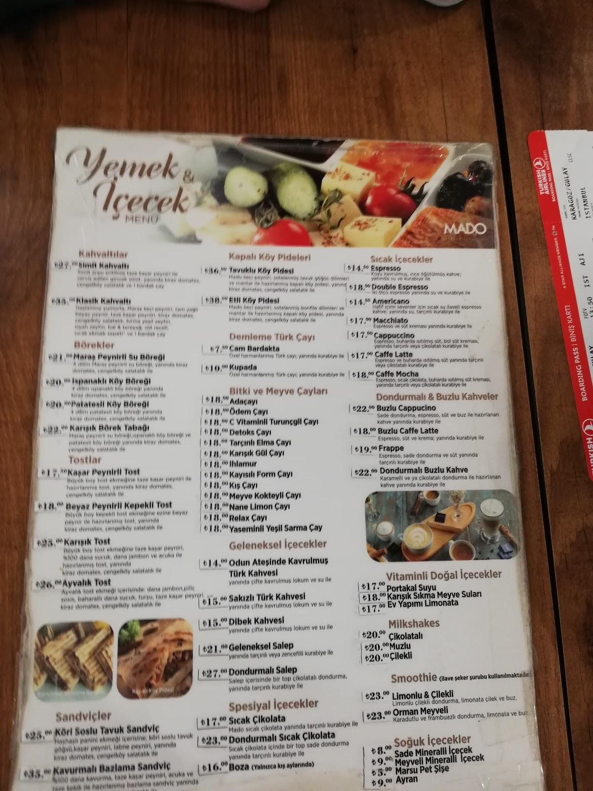 Menu at Mado, Istanbul, Atatürk Havalimanı
