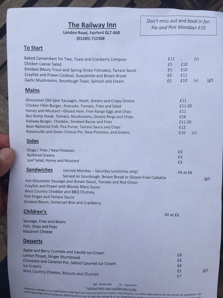 Menu at The Railway Inn pub & bar, Fairford