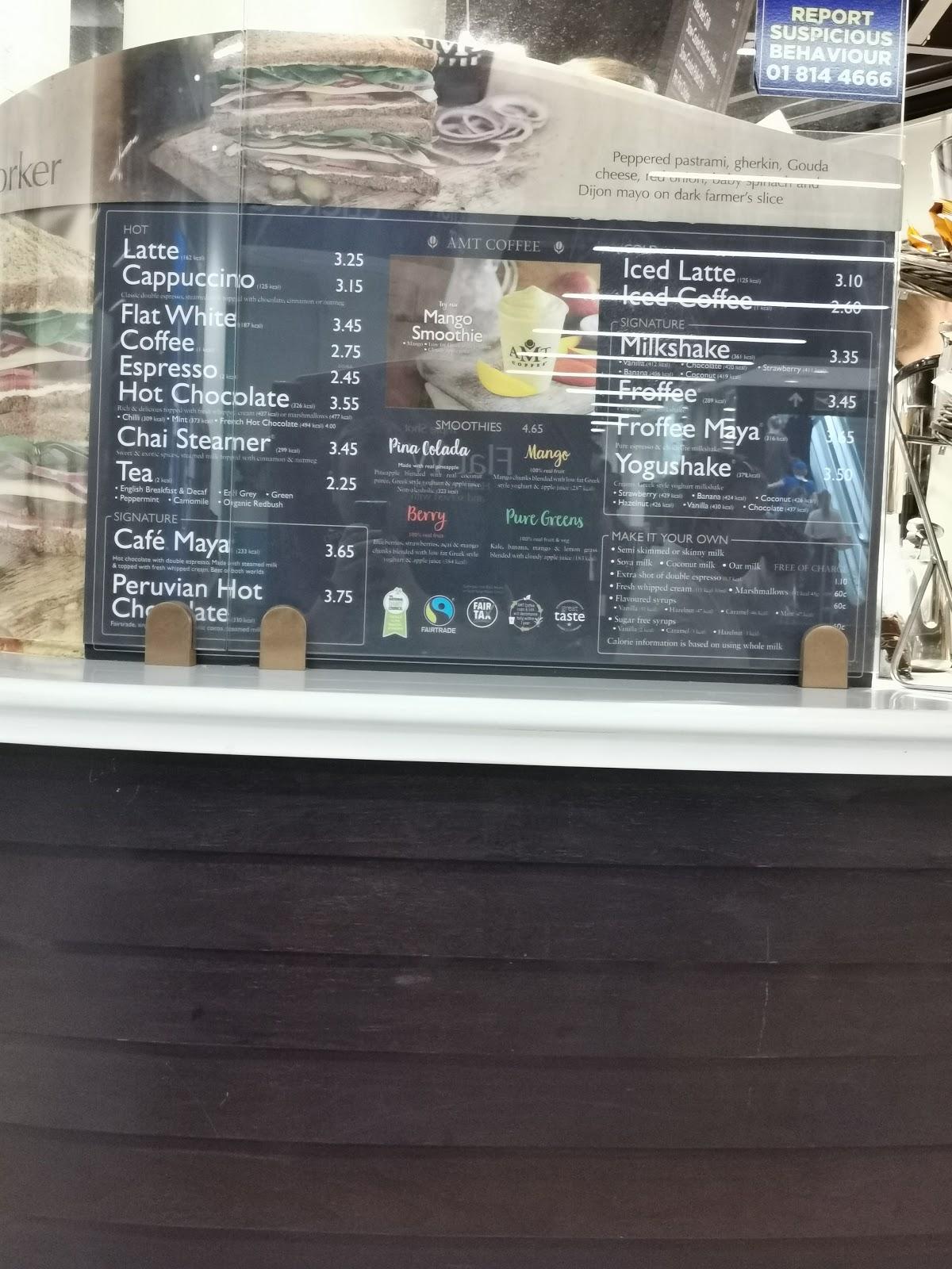 Menu at AMT Coffee restaurant, Dublin, Corballis Rd S