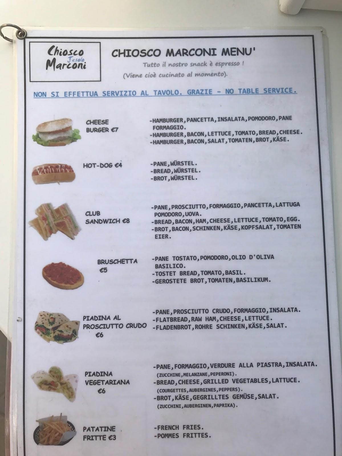 Menu da Chiosco Marconi pub & bar, Lido di Jesolo