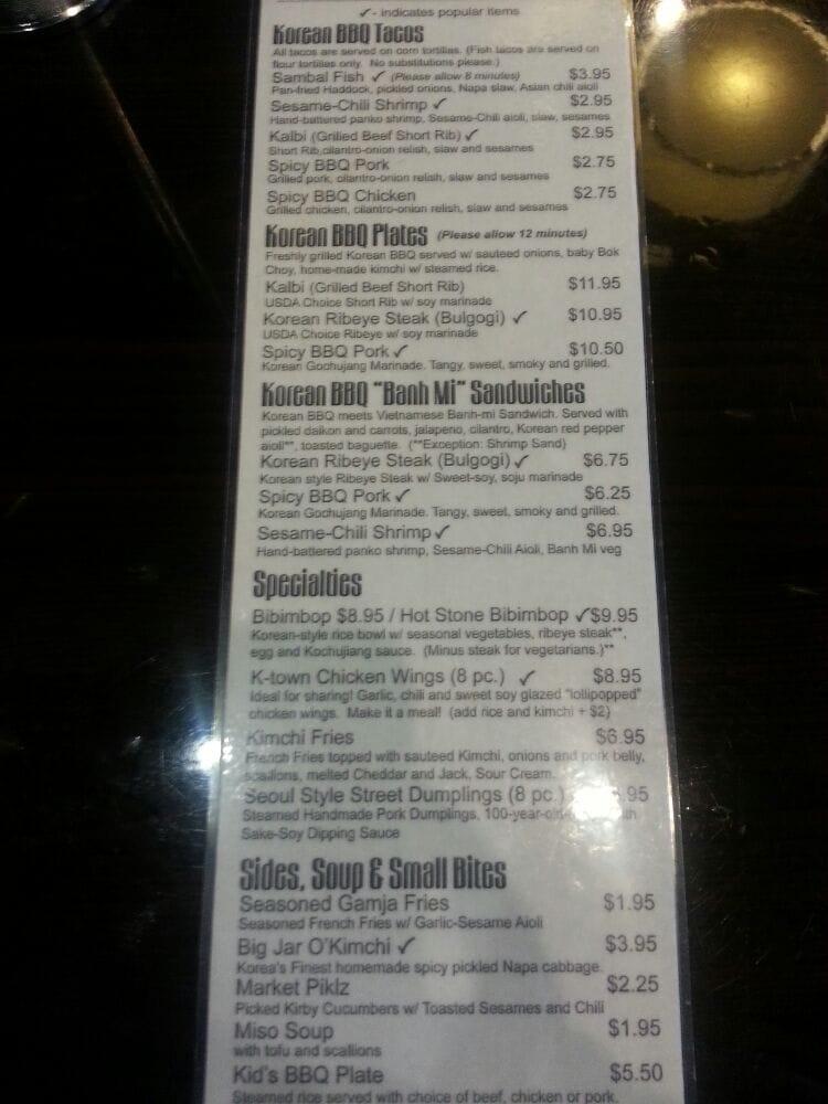 Menu at Del Seoul restaurant, Chicago