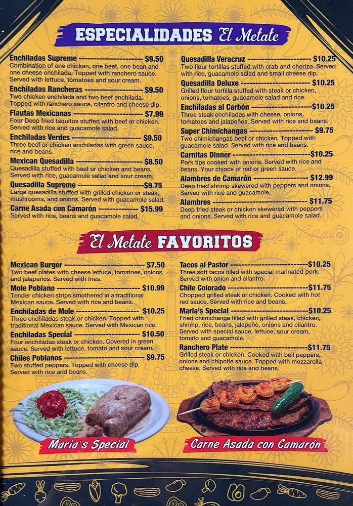 Menu at El Metate restaurant, Tifton