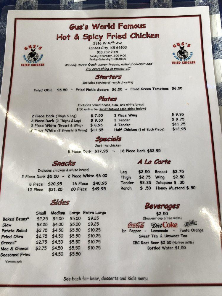 Menu at Gus's World Famous Fried Chicken restaurant, Kansas City
