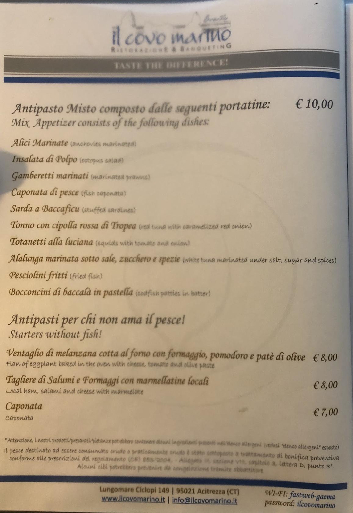 Menu da Il Covo Marino ristorante, Aci Castello