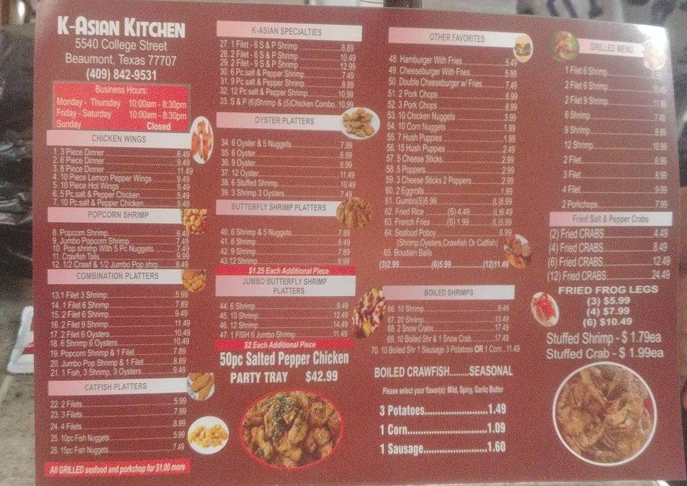 Menu at K Asian Kitchen restaurant, Beaumont, College St