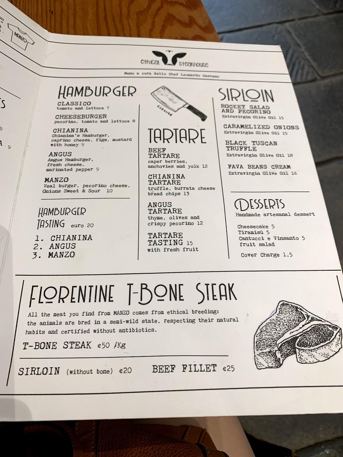 Menu da Manzo Firenze ristorante con griglia, Firenze