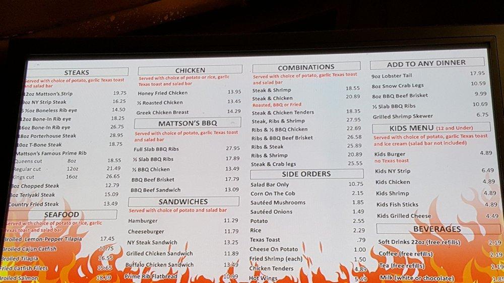 Menu at Mattson's Steak House steakhouse, Burbank