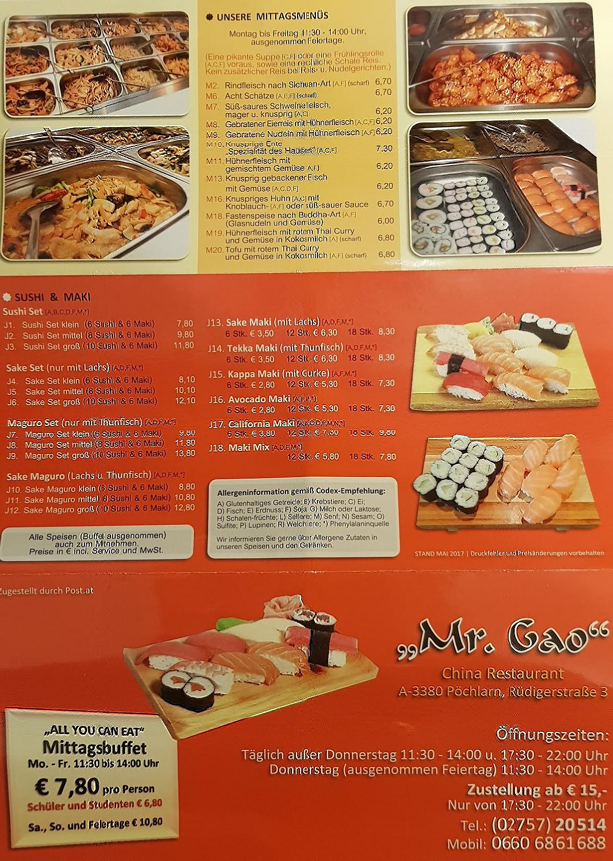 Menu at Mr Gao restaurant, Pöchlarn