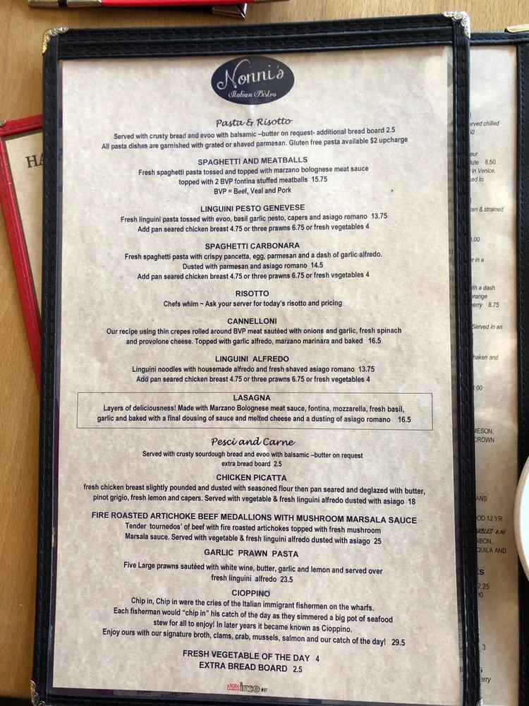 Menu at Nonni's Italian Bistro restaurant, Seaside