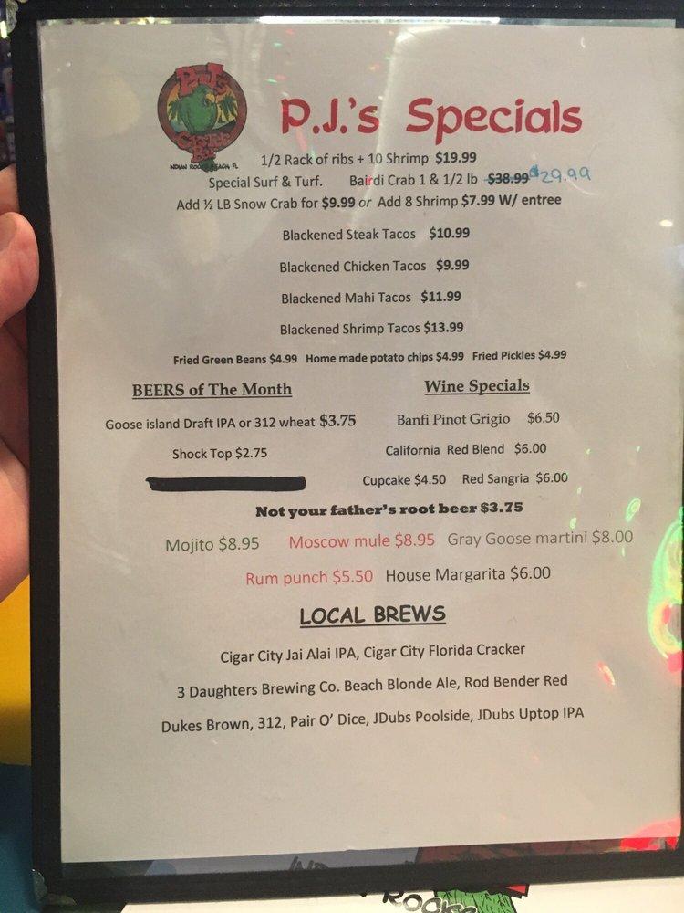 Menu at P.J.'s Oyster Bar, Indian Rocks Beach