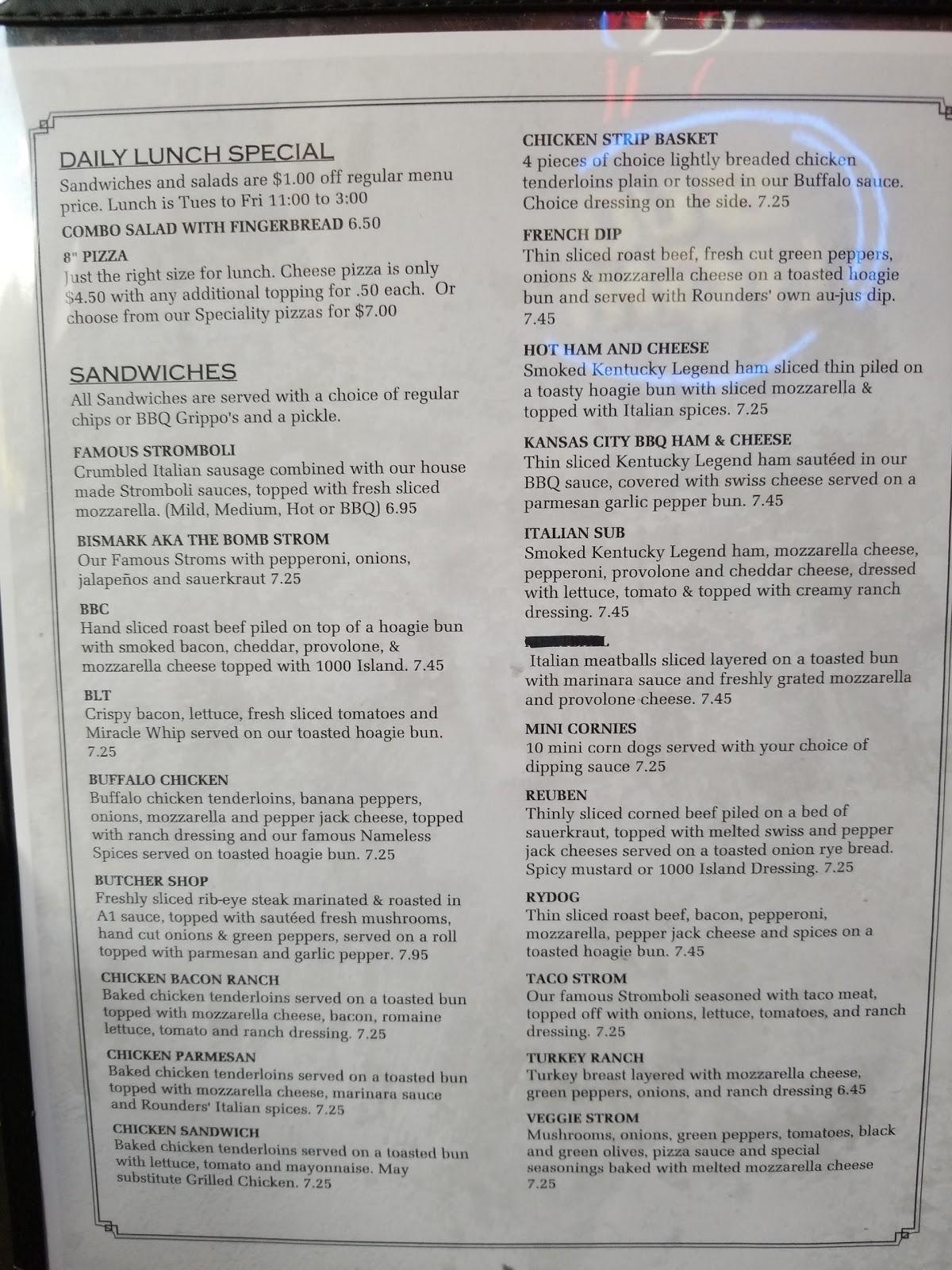 Menu at Rounders Too pizzeria, Evansville