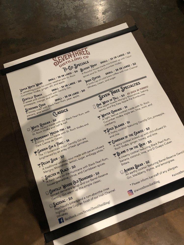 Menu at Seven Three Distilling pub & bar, New Orleans