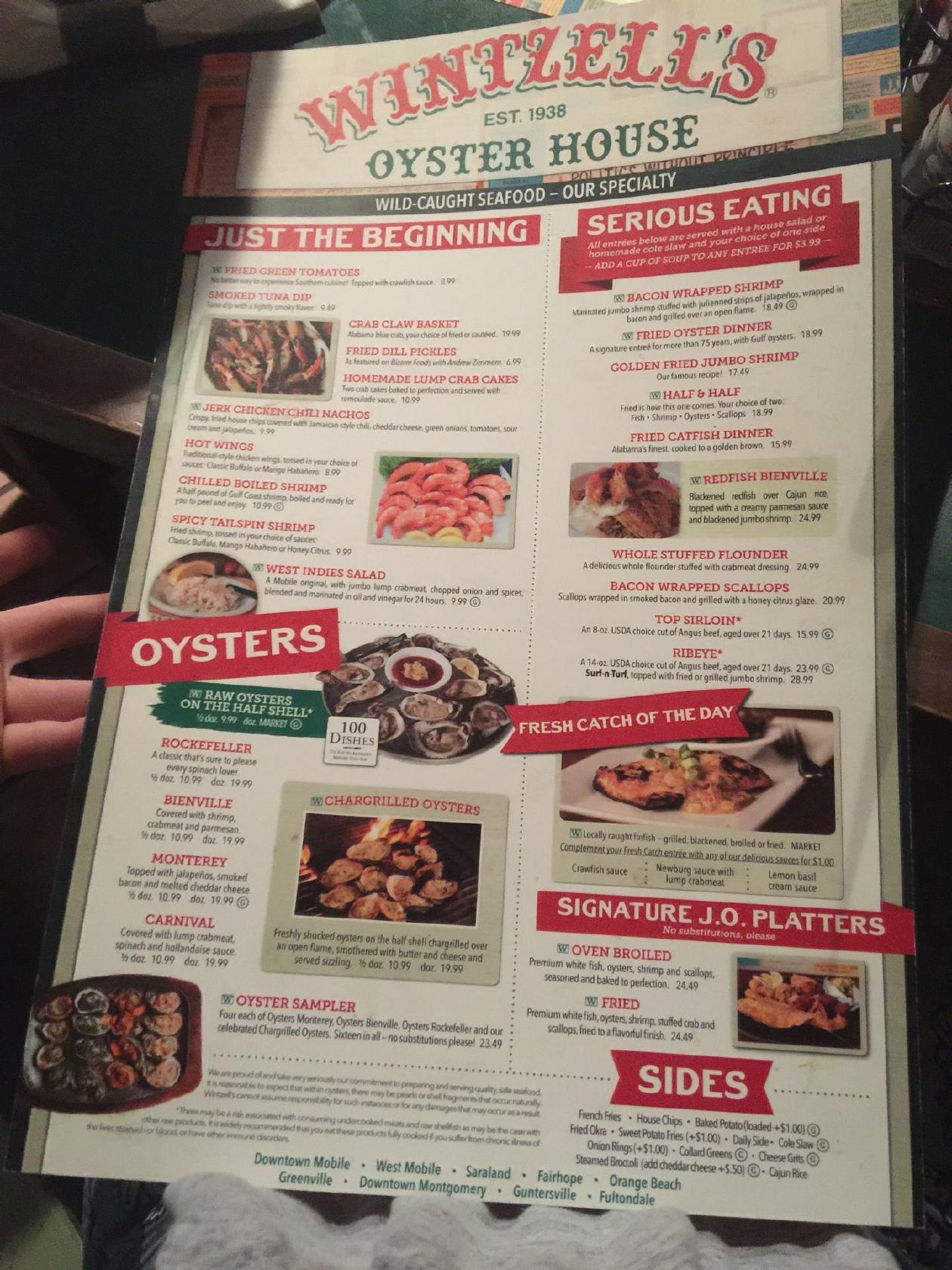 Menu at Wintzell's Oyster House restaurant, Mobile, 605 Dauphin St