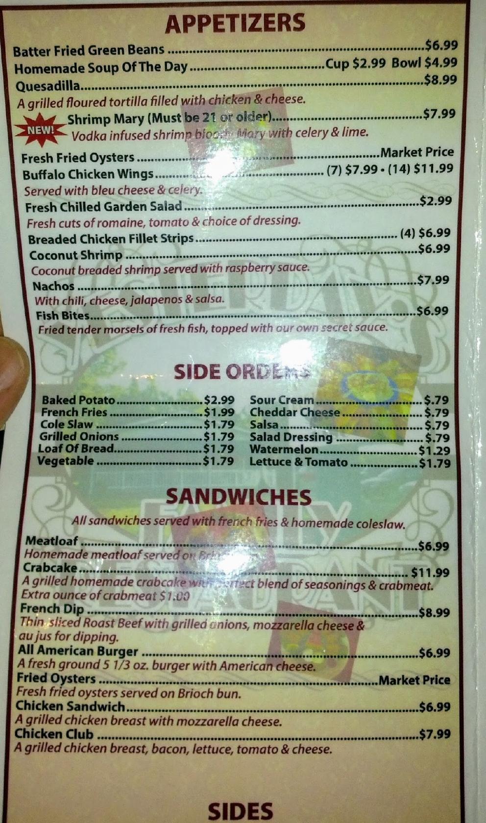 Menu at Yesterday's Family Restaurant, Montross