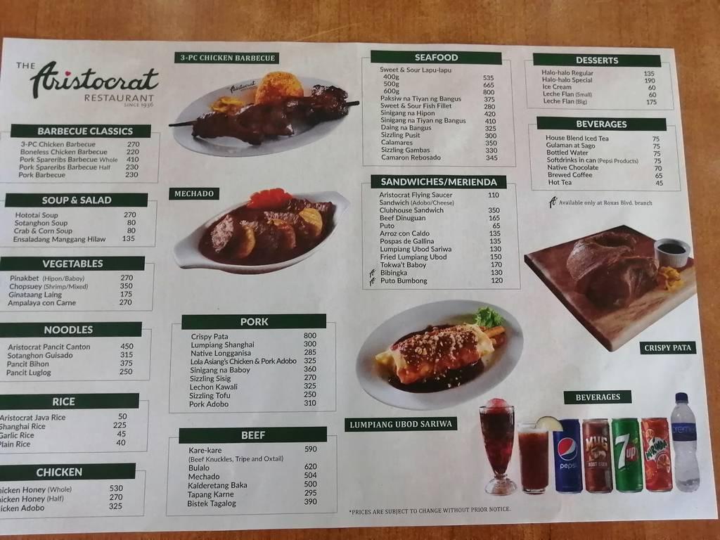 Menu at The Aristocrat Restaurant - Subic, Subic Bay Freeport Zone