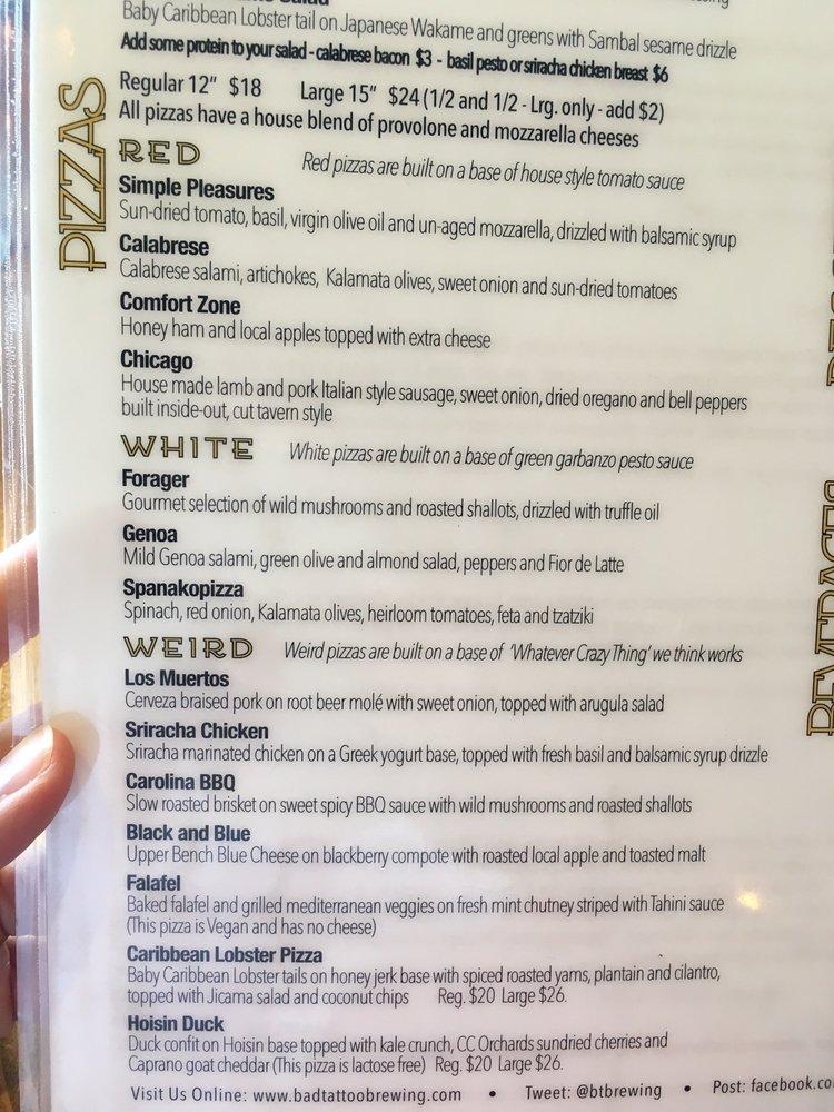 Menu at Bad Tattoo Brewing pizzeria, Penticton