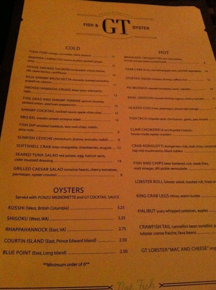 Menu at GT Fish & Oyster pub & bar, Chicago