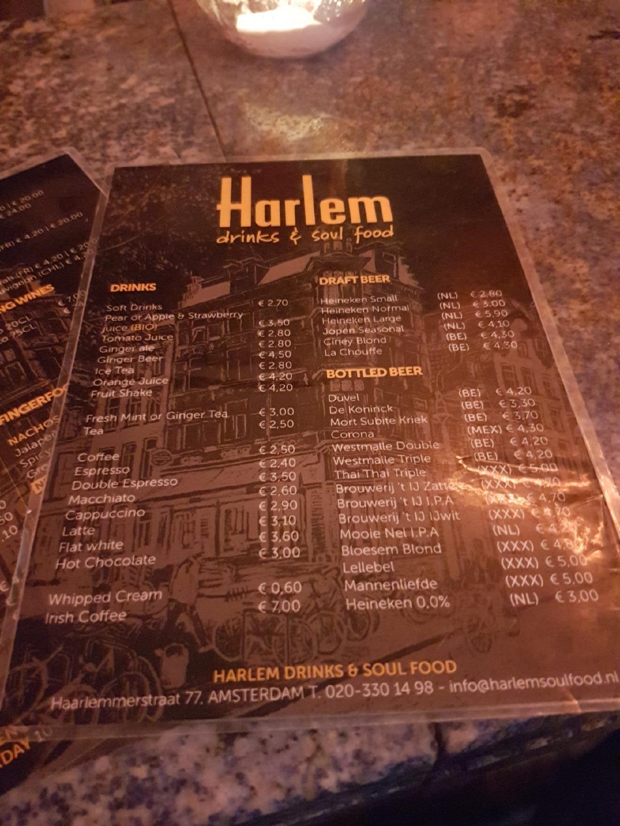 Menu at Harlem Soul Food, Amsterdam