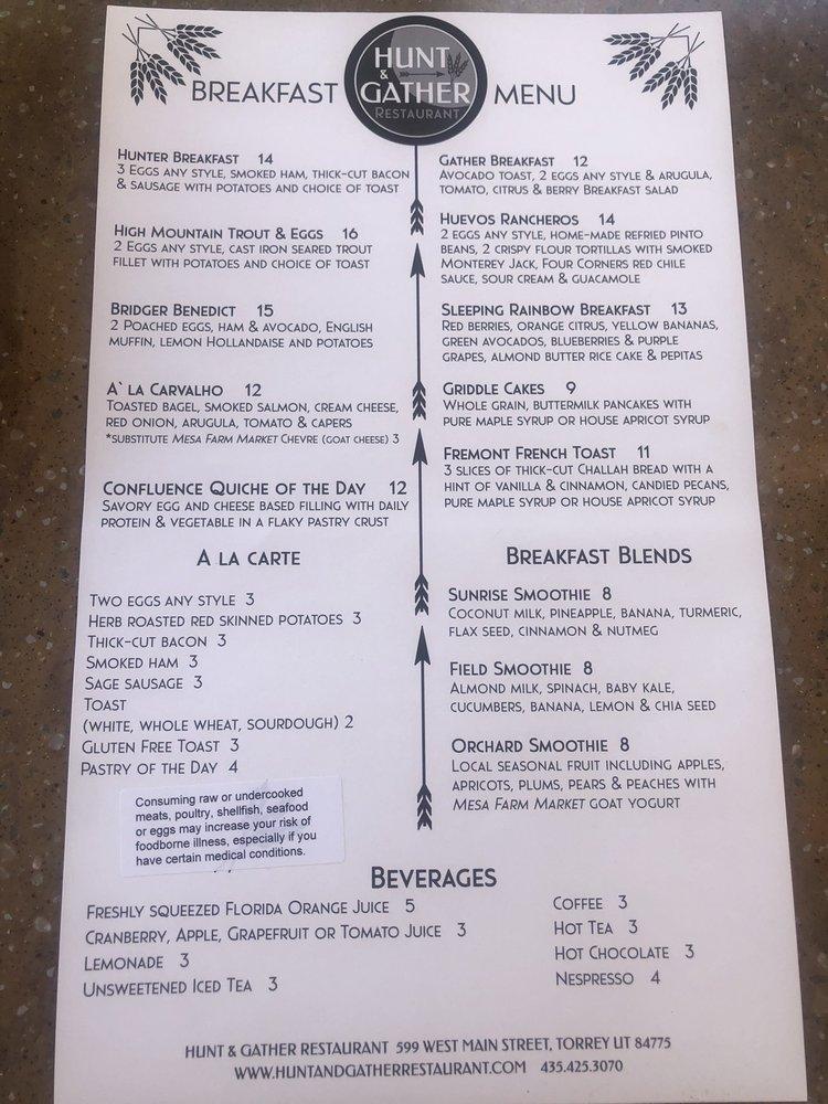 Menu at Hunt & Gather Restaurant, Torrey