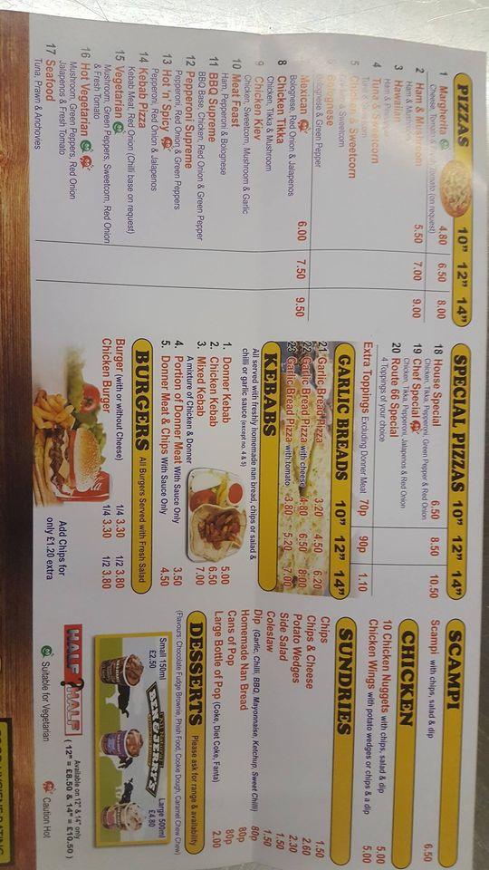 Menu at Route 66 pizzeria, Newcastle upon Tyne