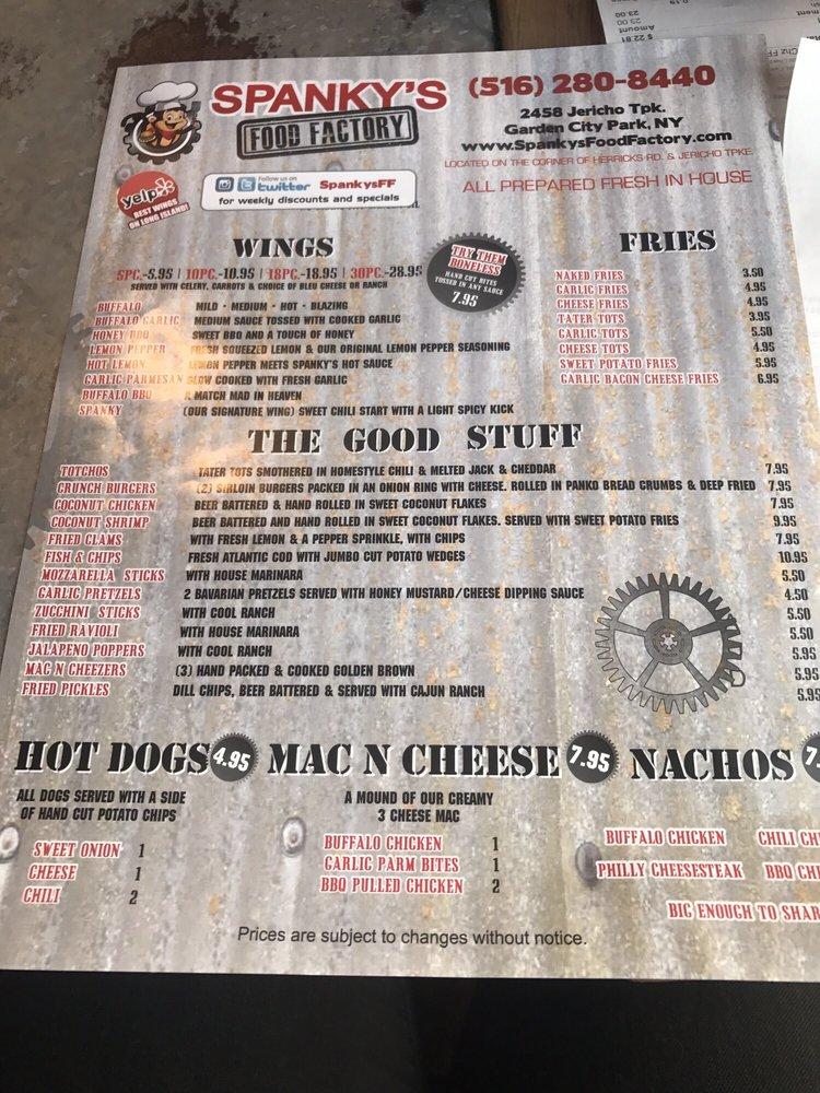 Menu at Spanky's Food Factory restaurant, Garden City Park
