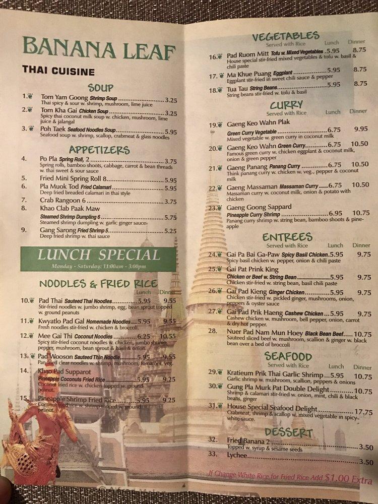 Menu at Banana Leaf restaurant, La Vale