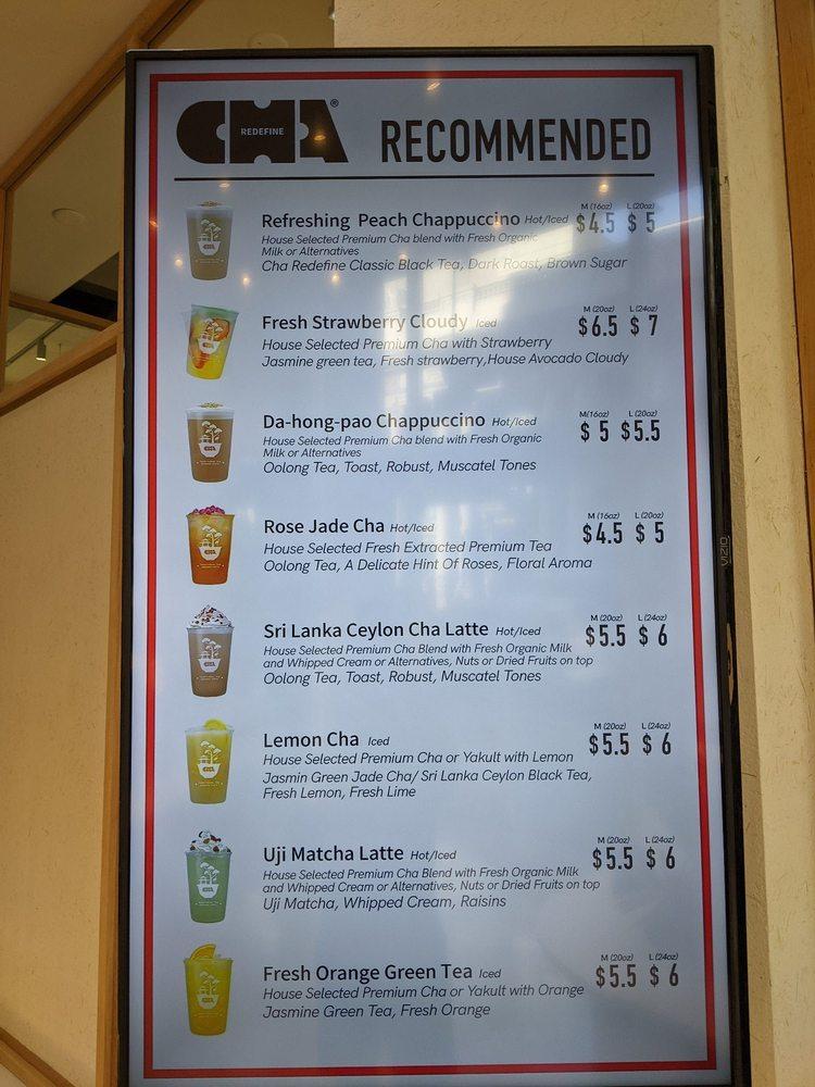 Menu at Cha Redefine, Los Angeles