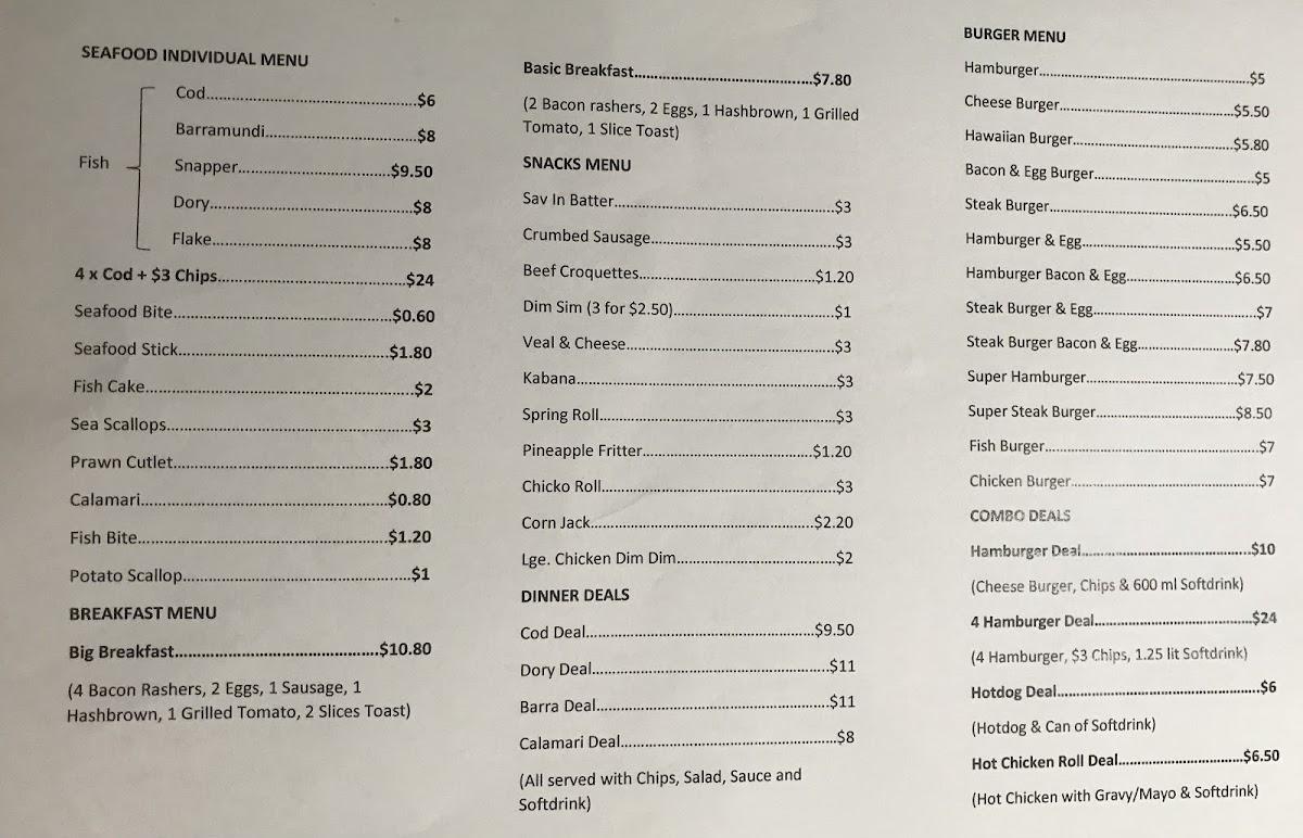Menu at David's Snack Bar, Acacia Ridge