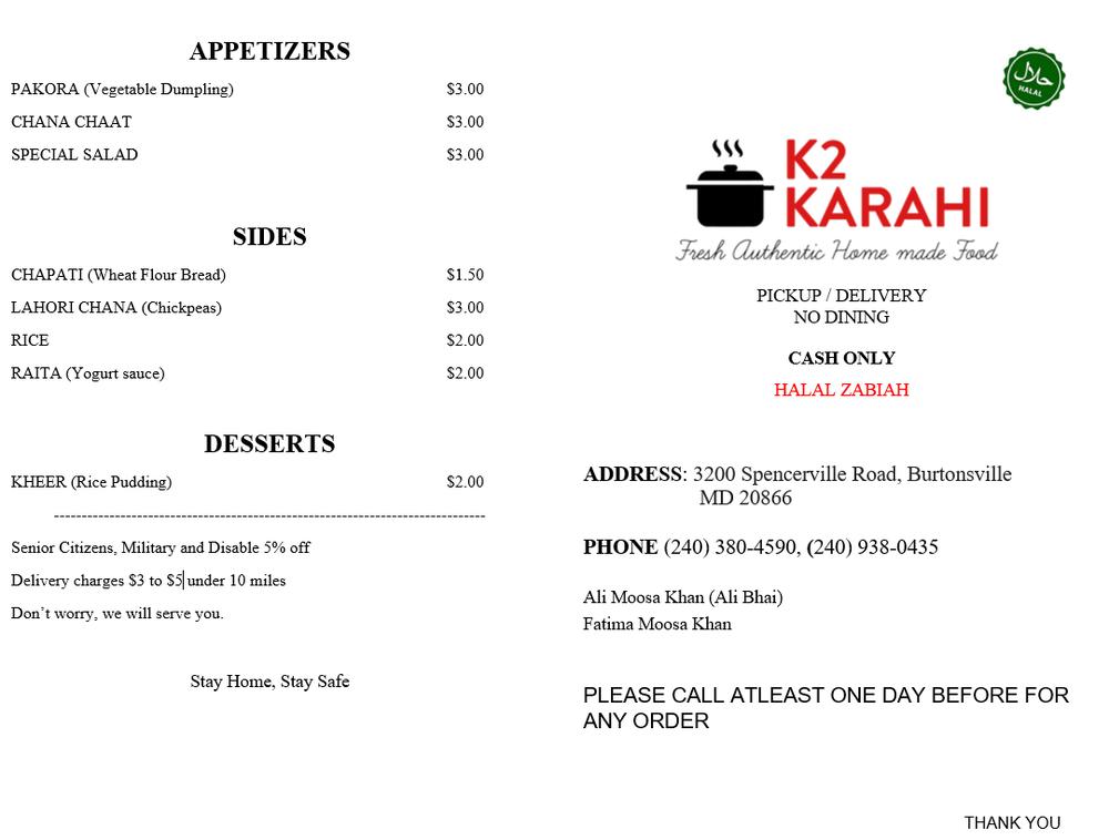 Menu at K2 Karahi, Burtonsville