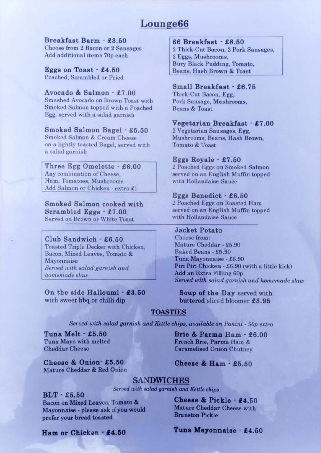 Menu at Lounge 66 cafe, Cheadle