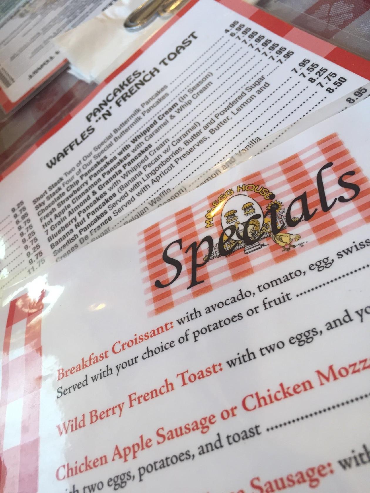 Menu at Mo's Egg House restaurant, Temecula