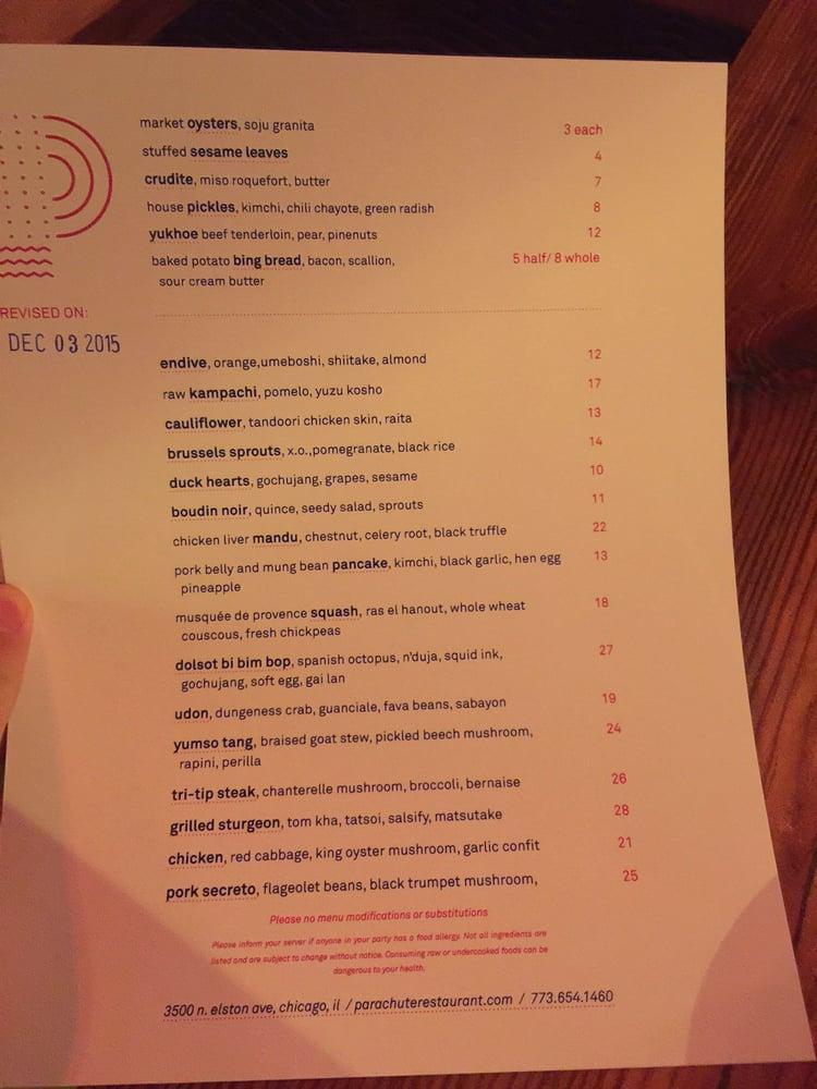 Menu at Parachute restaurant, Chicago