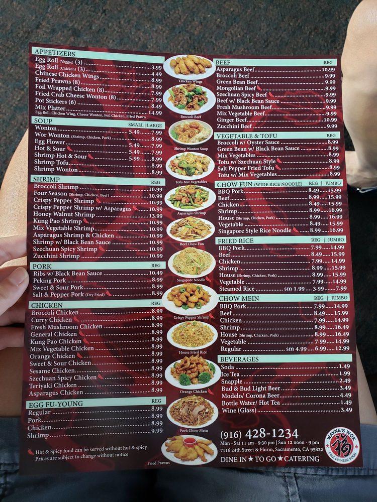 Menu at Wayne's Wok restaurant, Sacramento