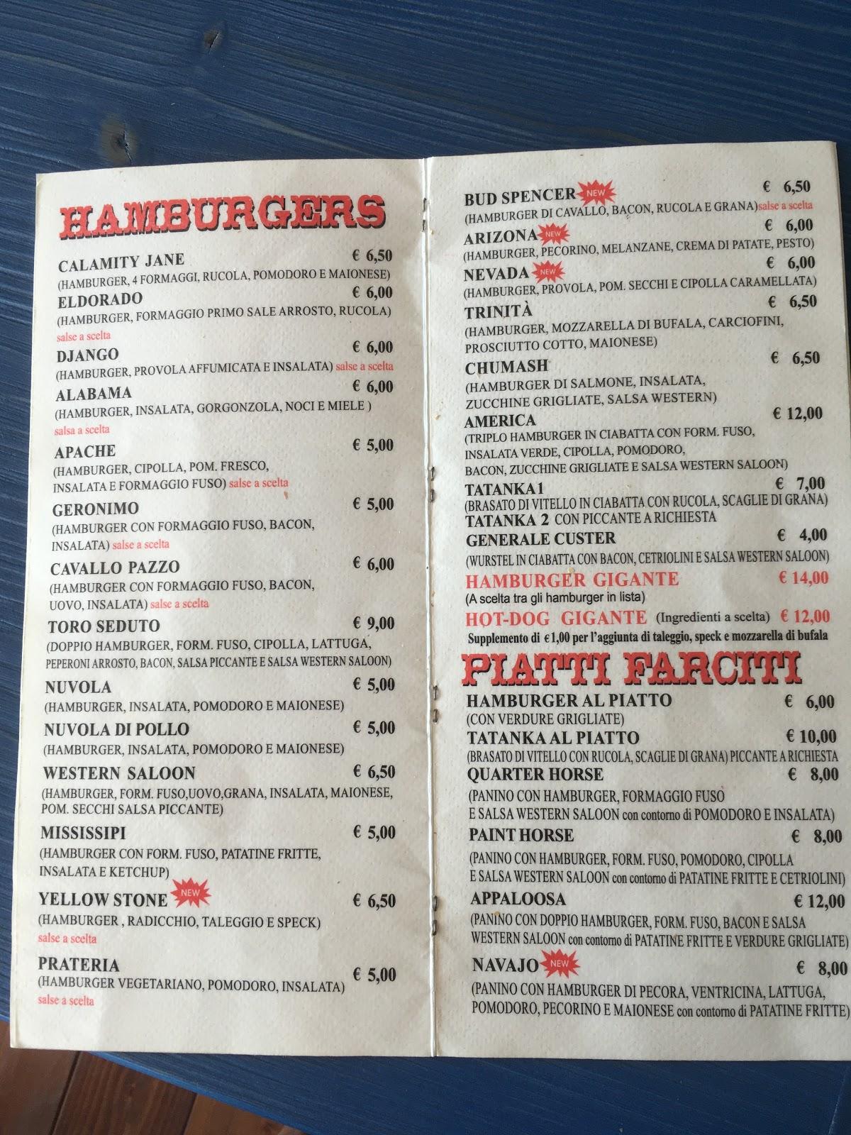 Menu da Western Saloon - Pub Braceria - Vasto Marina, Marina di Vasto