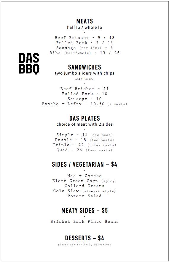 Menu at DAS BBQ West Midtown, Atlanta, Collier Rd NW