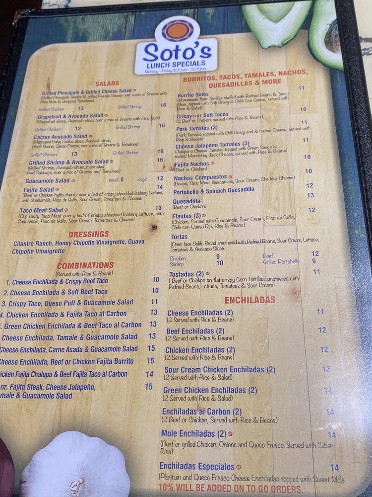 Carta del restaurante Soto's Cantina, Houston, W Little York Rd #206b