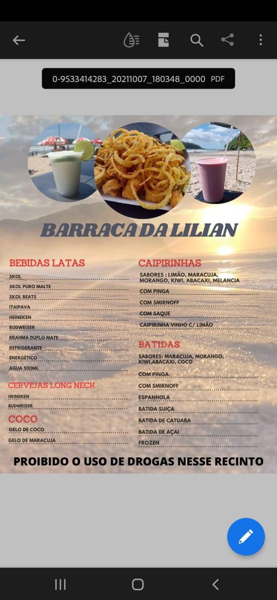 Menu em Barraca da Lilian, Guarujá
