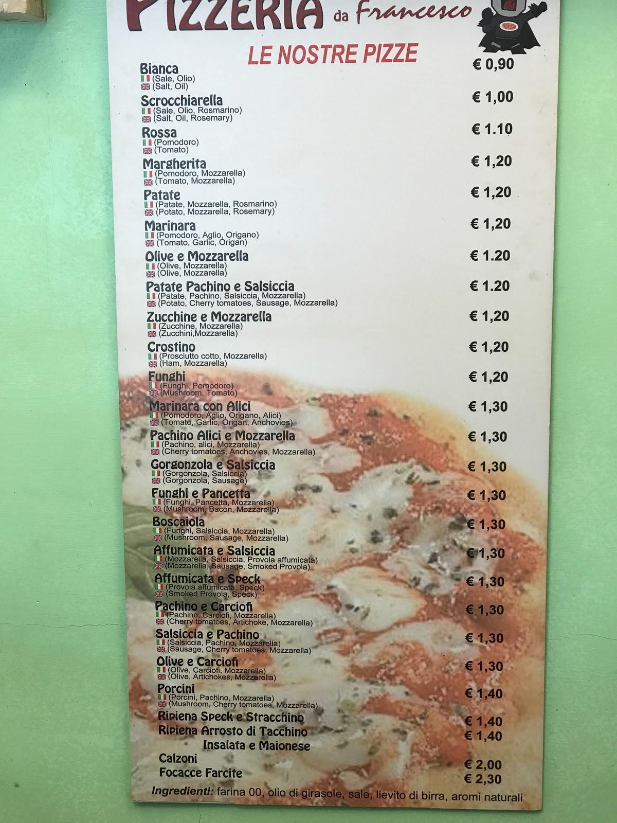 Menu at Pizzeria da Francesco, Rome