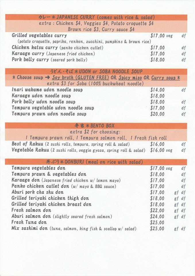 Menu at Rakuu restaurant, Ballina
