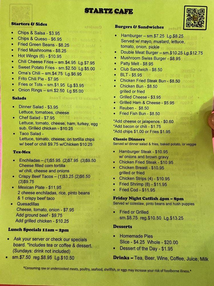 Menu at Startz Cafe, Canyon Lake