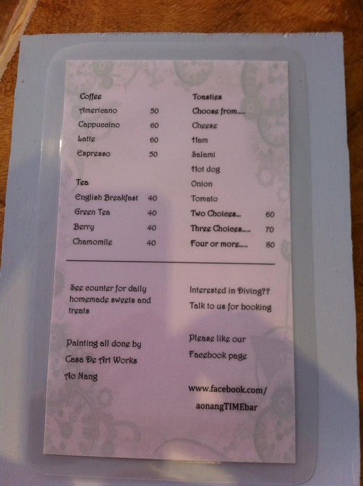 Menu at TIME Bar & Cafe, Ao Nang