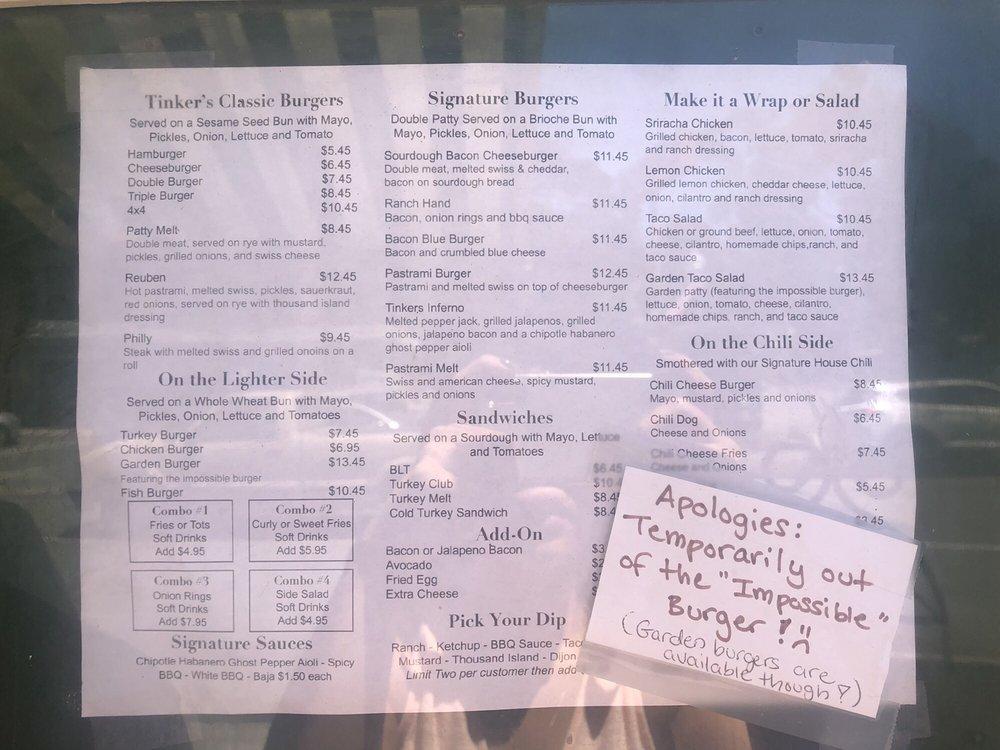 Menu at Tinker Burger restaurant, Summerland