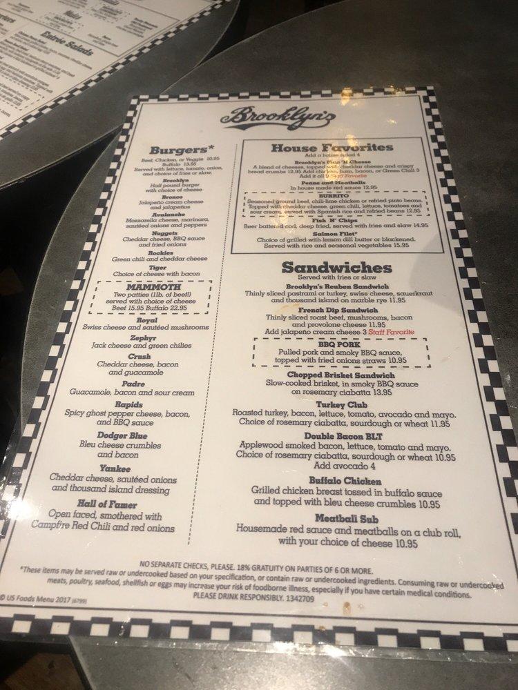 Menu at Brooklyn's At Ball Arena pub & bar, Denver, 901 Auraria Pkwy