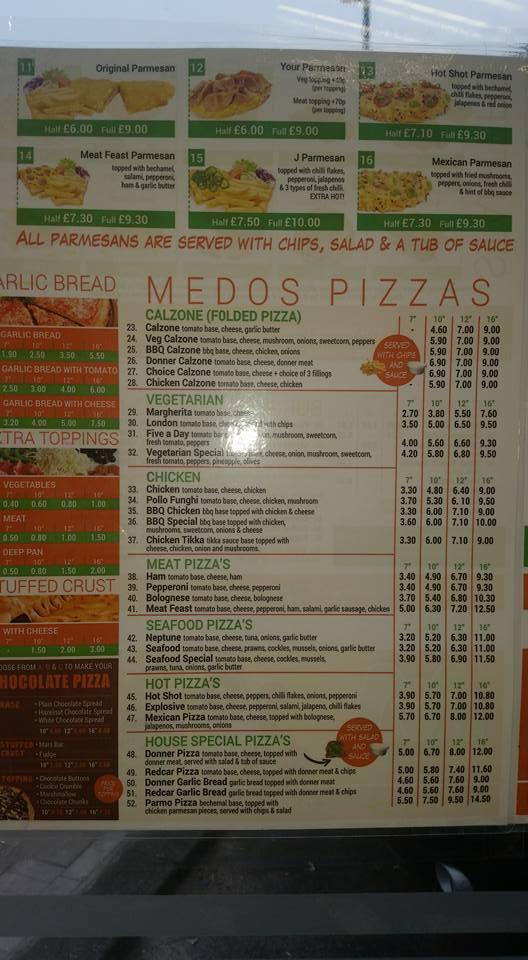 Menu at Medo's restaurant, Redcar