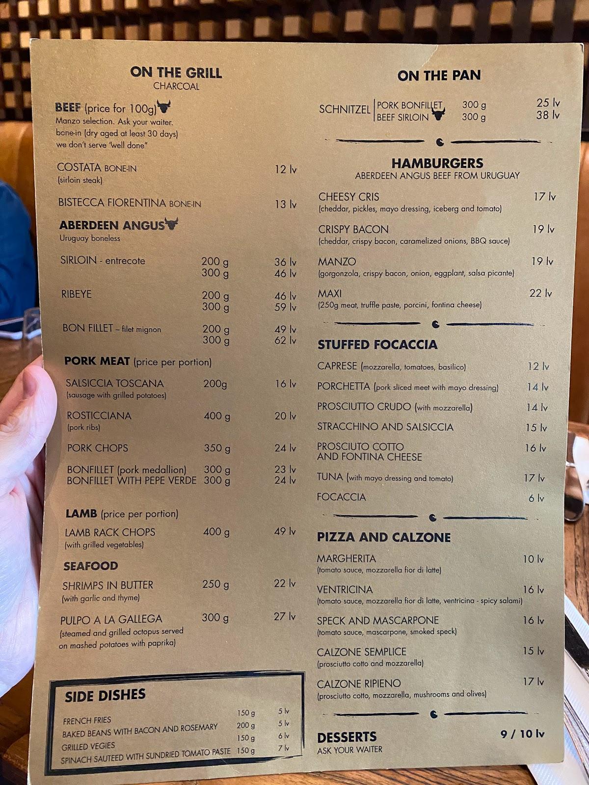 Menu at Manzo restaurant, Sofia
