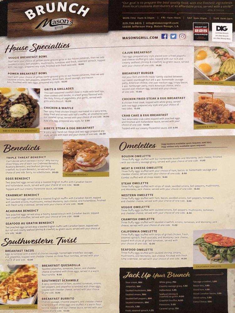 Menu at Mason's Grill restaurant, Baton Rouge