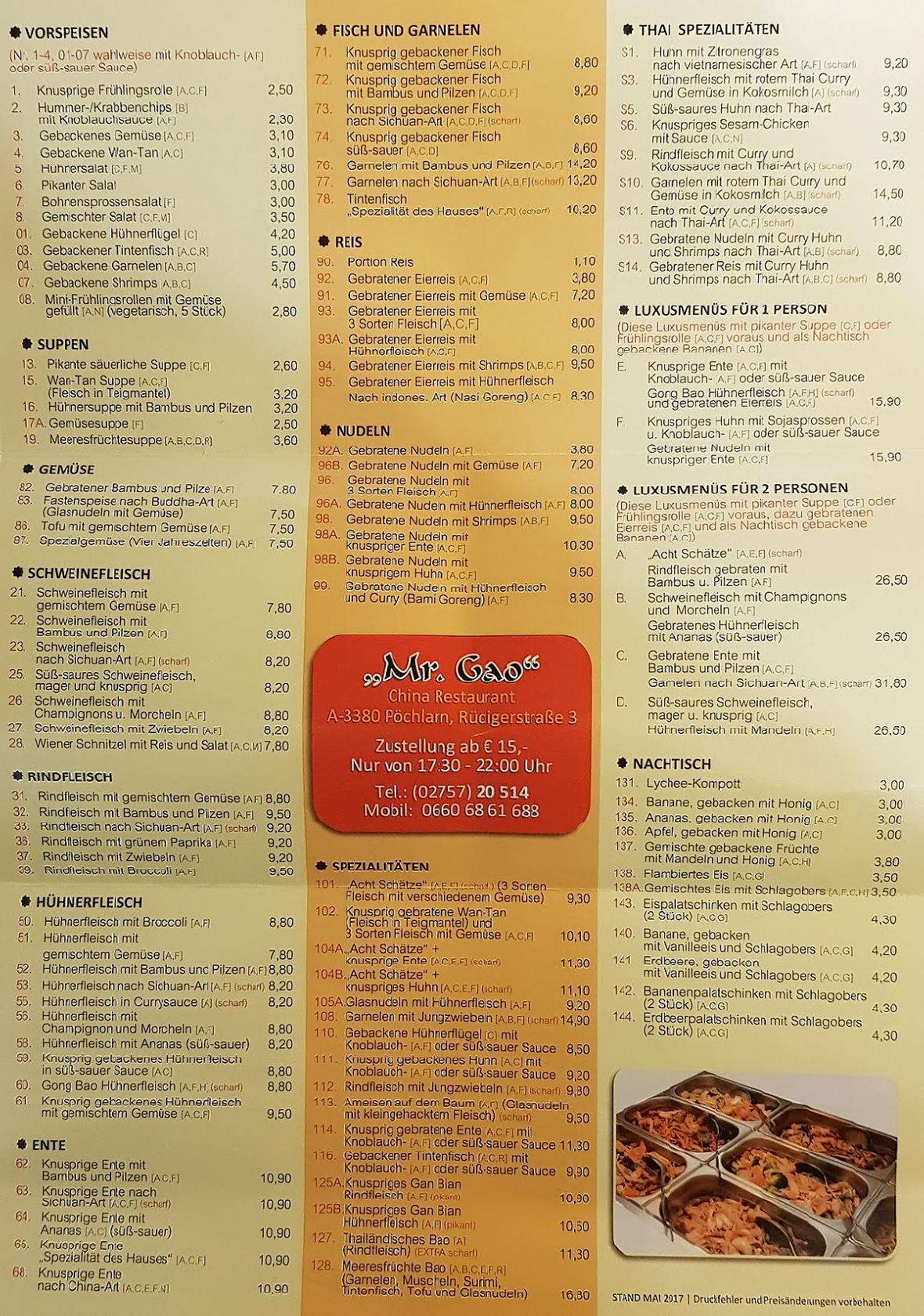 Menu at Mr Gao restaurant, Pöchlarn