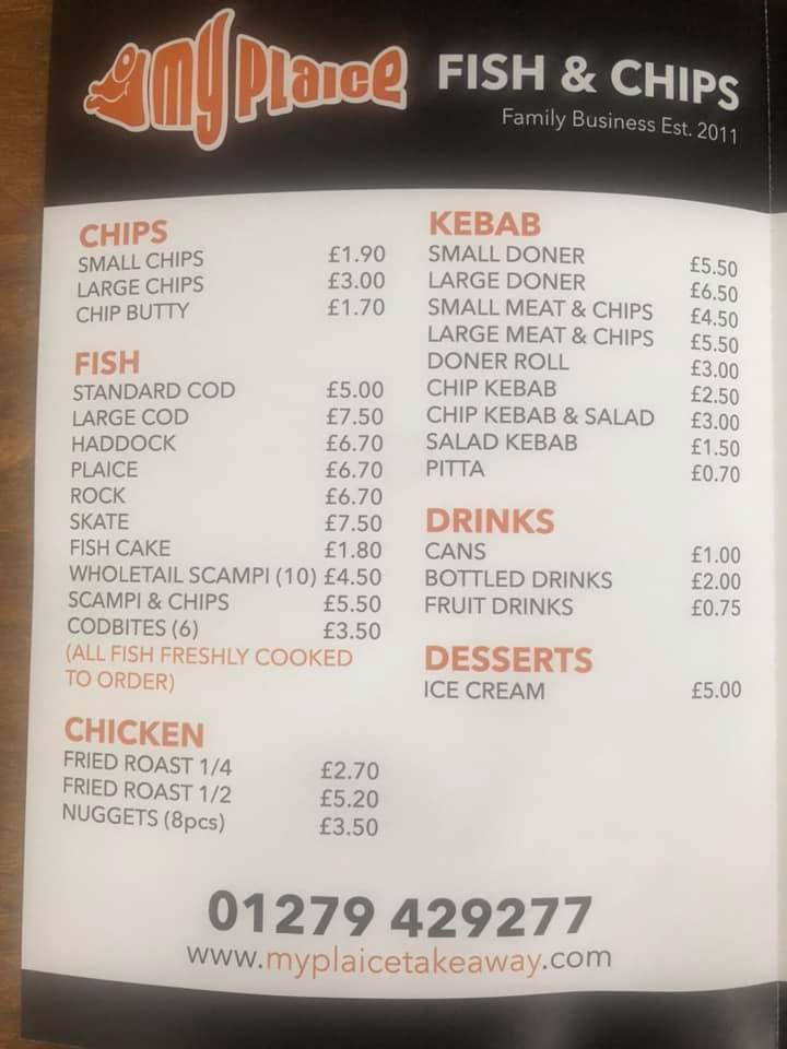 Menu at My Plaice fast food, Harlow