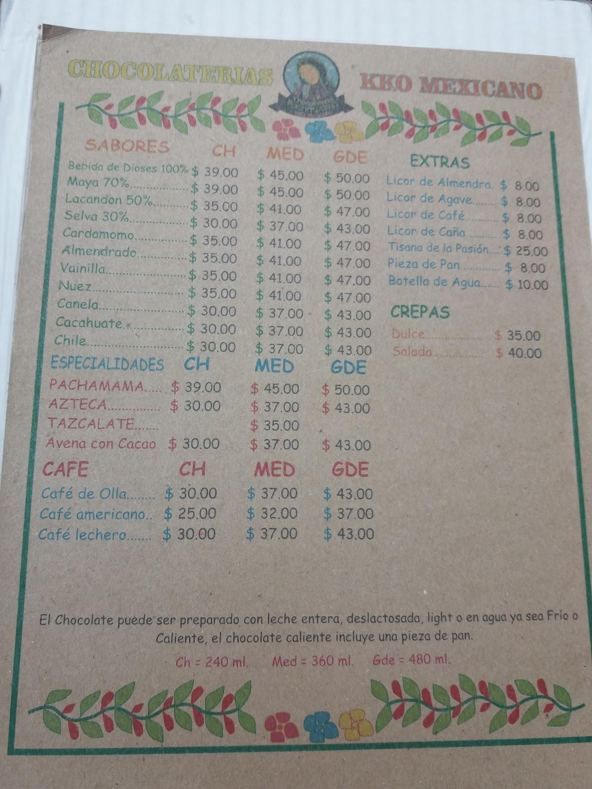 Menu at Pachamama Chocolaterías cafe, Morelia, Bartolomé de Las Casas 310